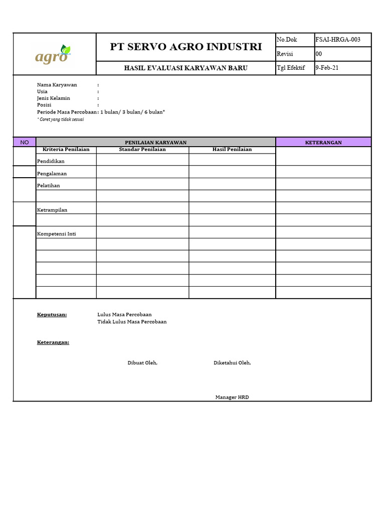 Form - Hasil Evaluasi Karyawan Baru | PDF