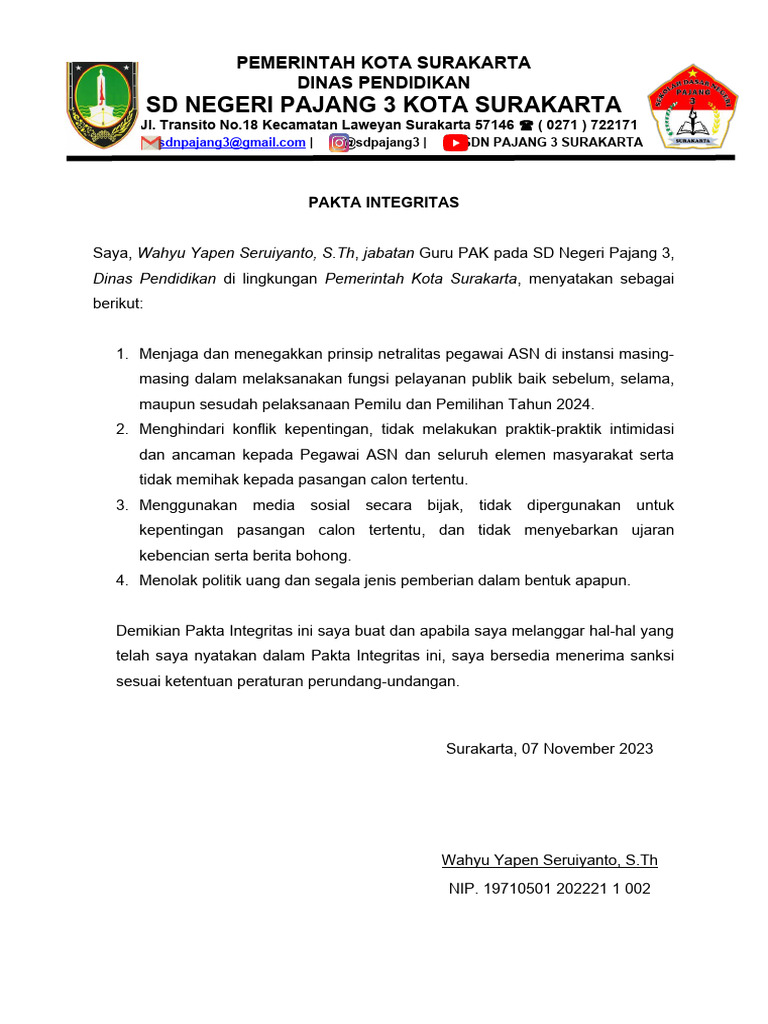 Pakta Integritas Satuan Pendidikan | PDF