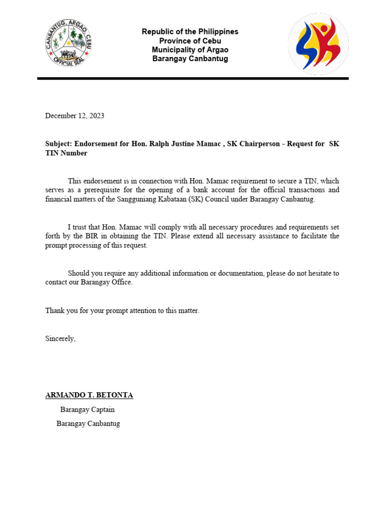 SK TIN Number Endorsement Letter | PDF