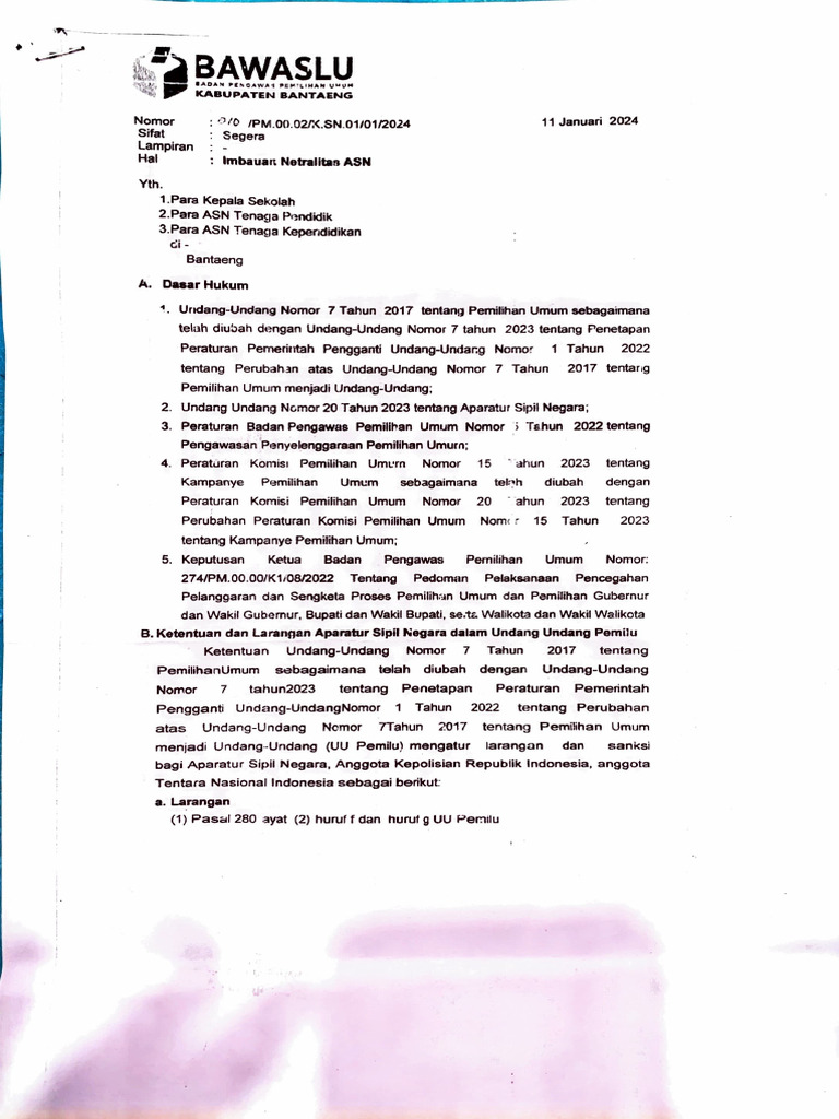 Surat Netralitas ASN Dari Bawaslu | PDF