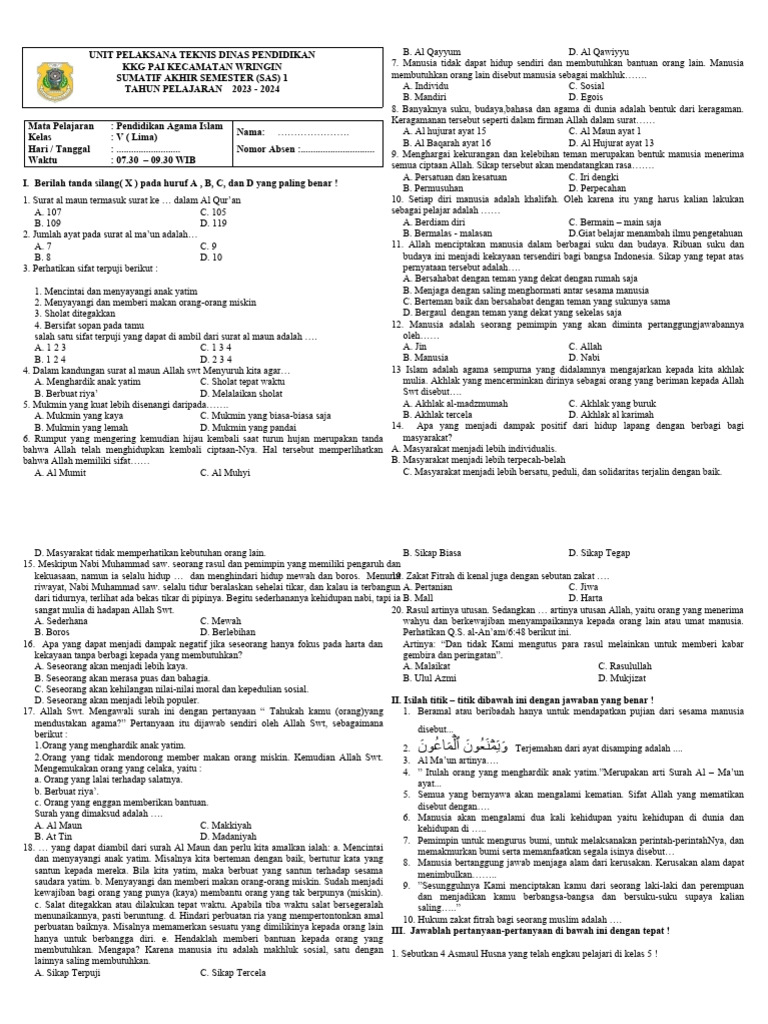 Soal PAI Kelas 5 Semester 1 2023 | PDF