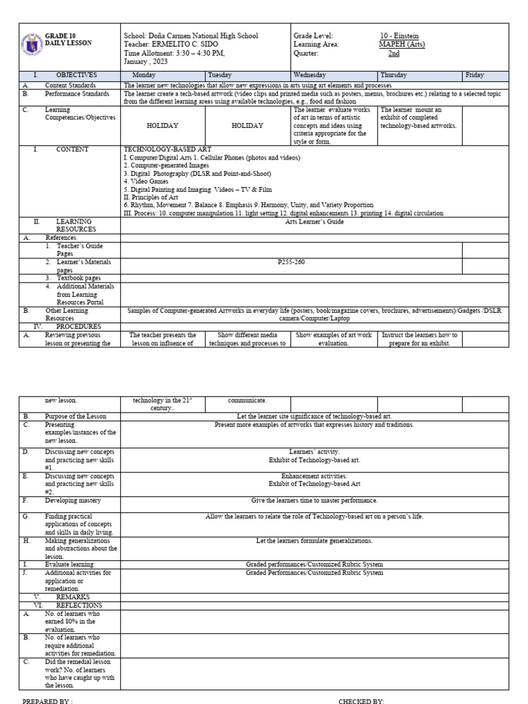 Mapeh 10 Arts 2nd Grading 3 | PDF | Learning | Teachers
