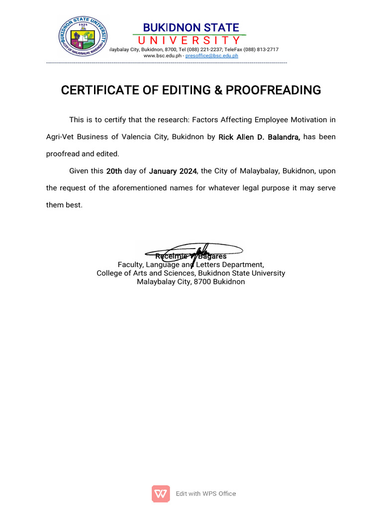 Certificate of Editing Rick Allen D. Balandra | PDF