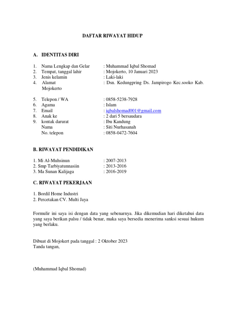 CV Muhammad Iqbal Shomad | PDF