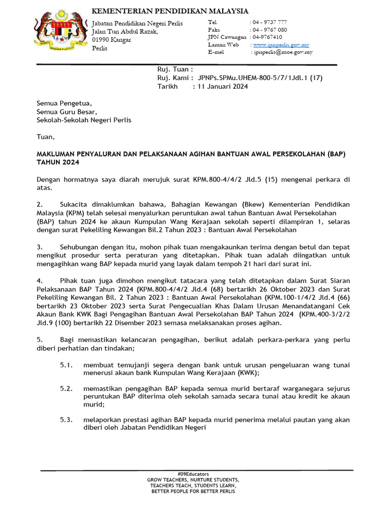 Surat Siaran Makluman Penyaluran BAP 2024 Untuk Sekolah | PDF