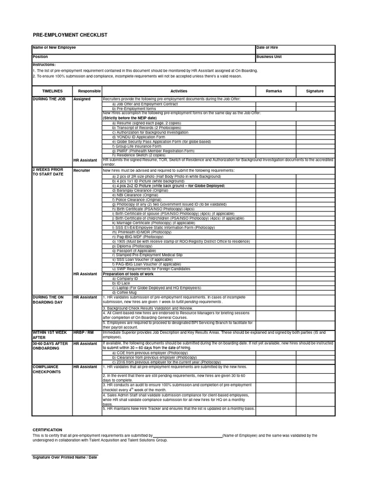 Pre-Employment Checklist | PDF | Recruitment | Background Check
