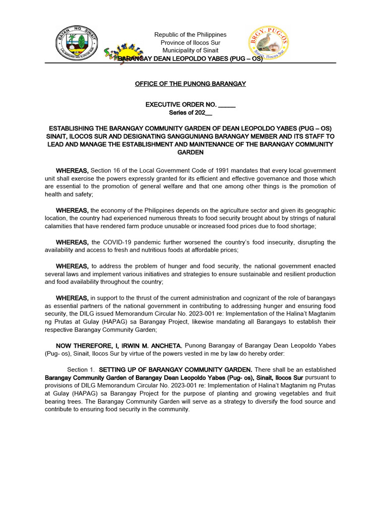 Eo Designating SBM To Manage Barangay Community Garden | PDF