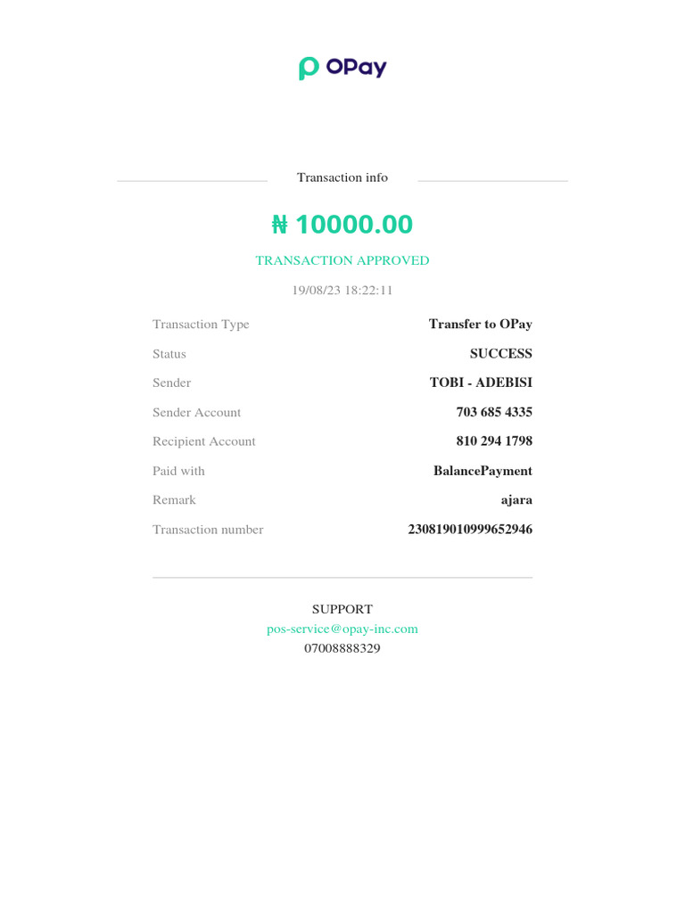 Opay Business Receipt 230819010999652946 Other | PDF