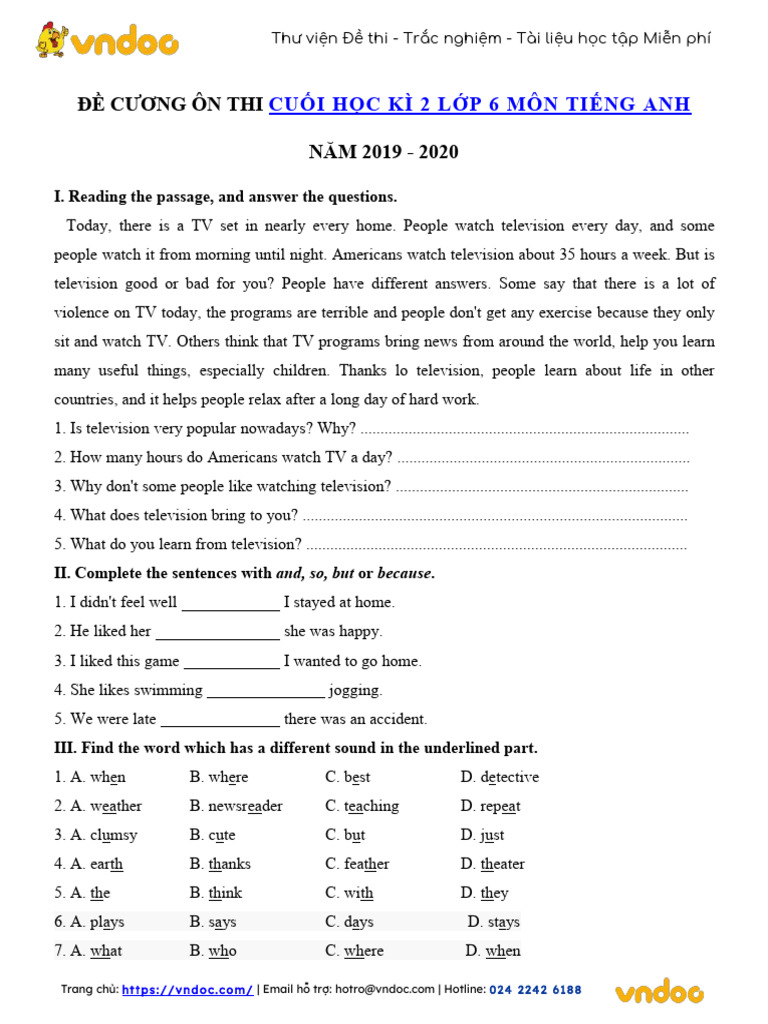 Bai Tap On Tap Hoc Ki 2 Lop 6 Mon Tieng Anh Chuong Trinh Thi Diem | PDF