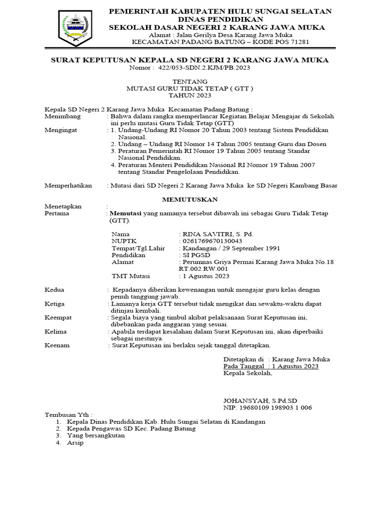 SK Mutasi Contoh | PDF