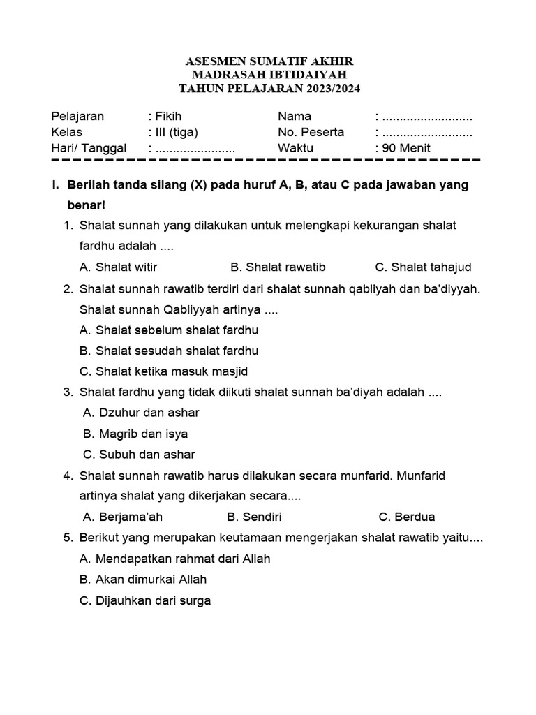 Soal Asesmen Fikih Kelas 3 2023 Pdf