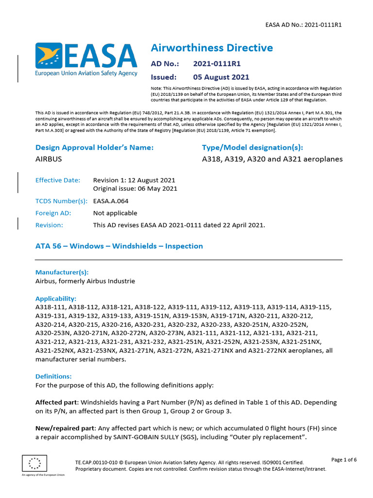 Airworthiness Directive: Design Approval Holder's Name: Type/Model ...