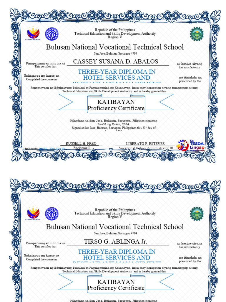 BNVTS Katibayan Parchment Paper Diploma Size 9in X 12in Layout For ...