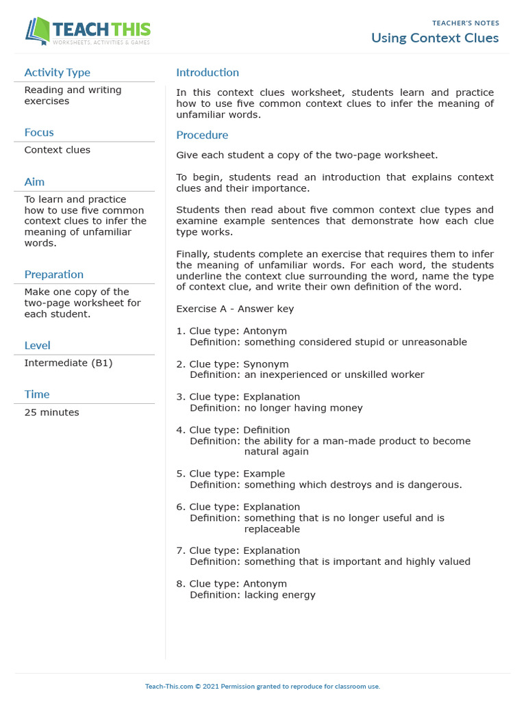 Using Context Clues in English Lesson 2 | PDF | Word | Language Acquisition