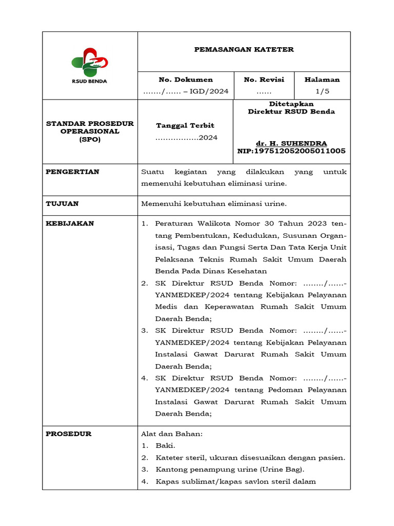 Spo Pemasangan Kateter Igd Benda | PDF