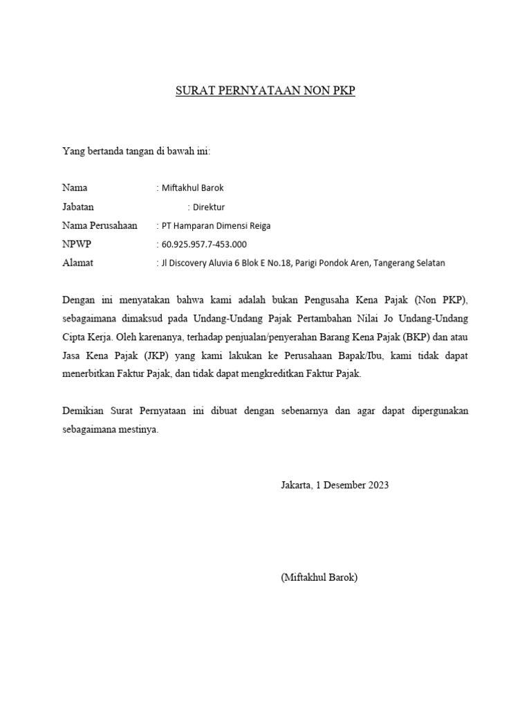 Contoh Surat Pernyataan Non PKP | PDF