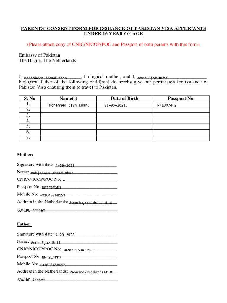 Form Parents Consent Form For Visa Applicants Under Age of 16 Years 41 | PDF