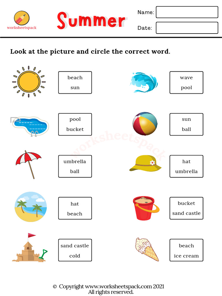 Summer Worksheets Look at The Picture Circle The Correct Word | PDF