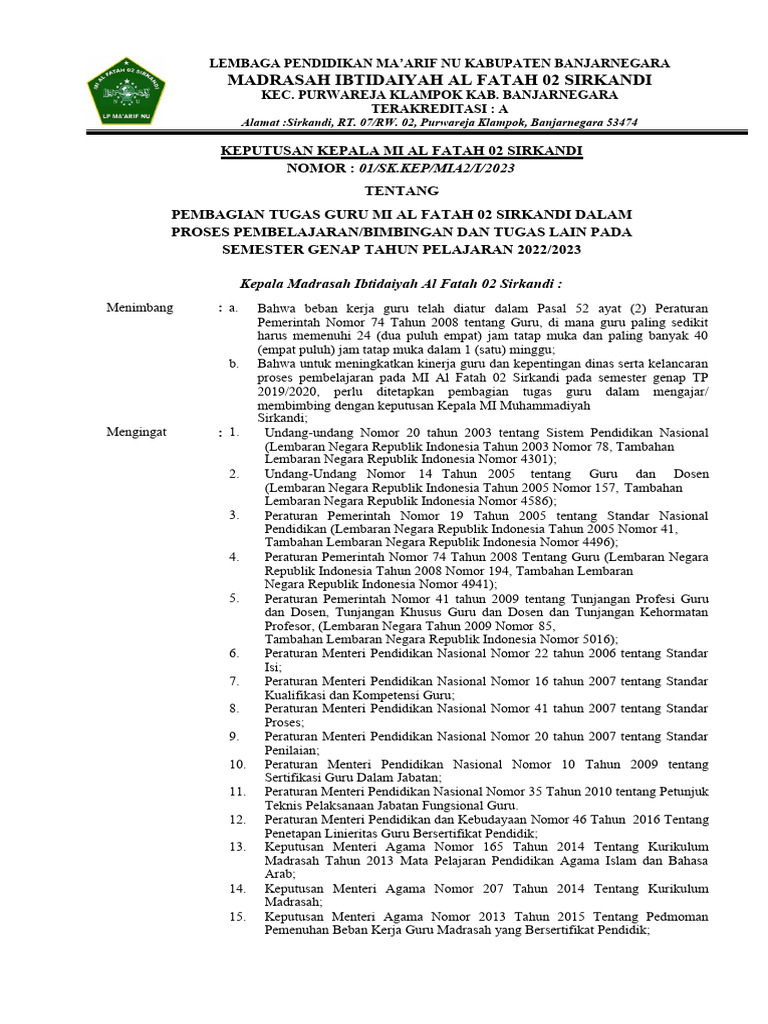 SK Pembagian Tugas Mengajar 2022 | PDF