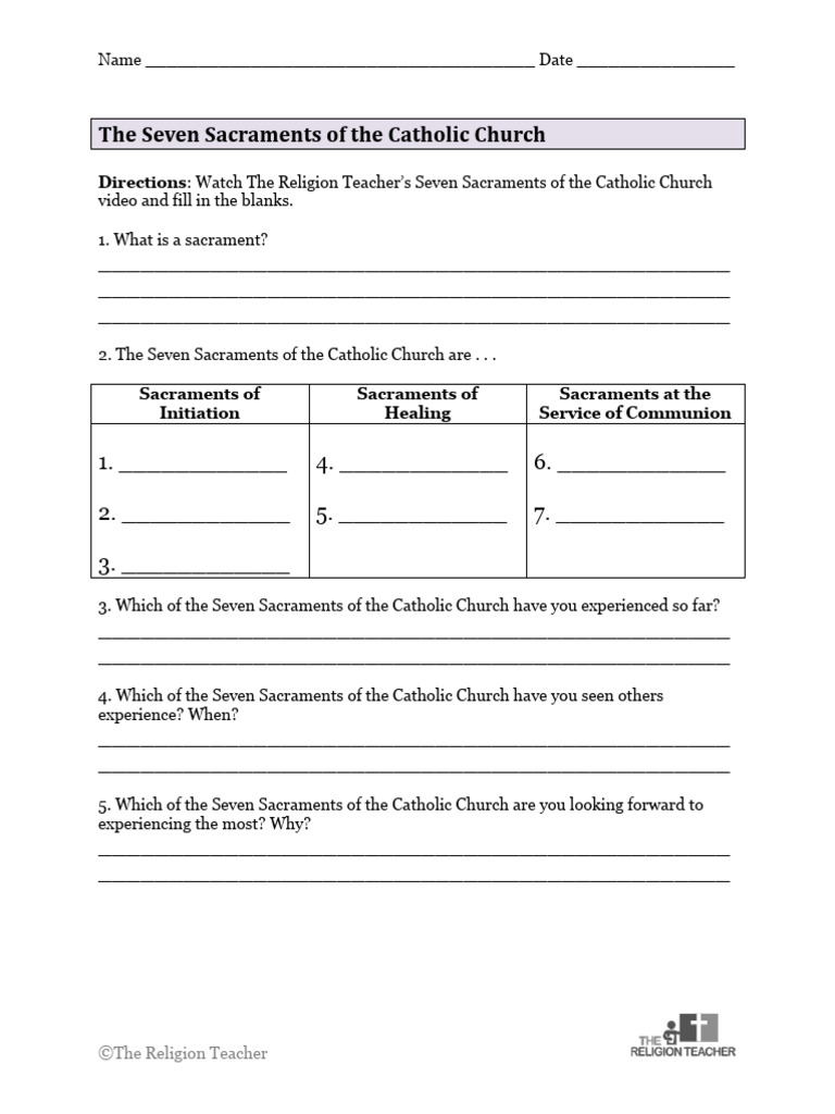 Seven Sacraments Worksheet Guide | PDF