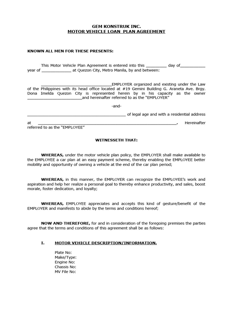 Vehicle Plan Agreement INC. | Download Free PDF | Employment | Legal ...
