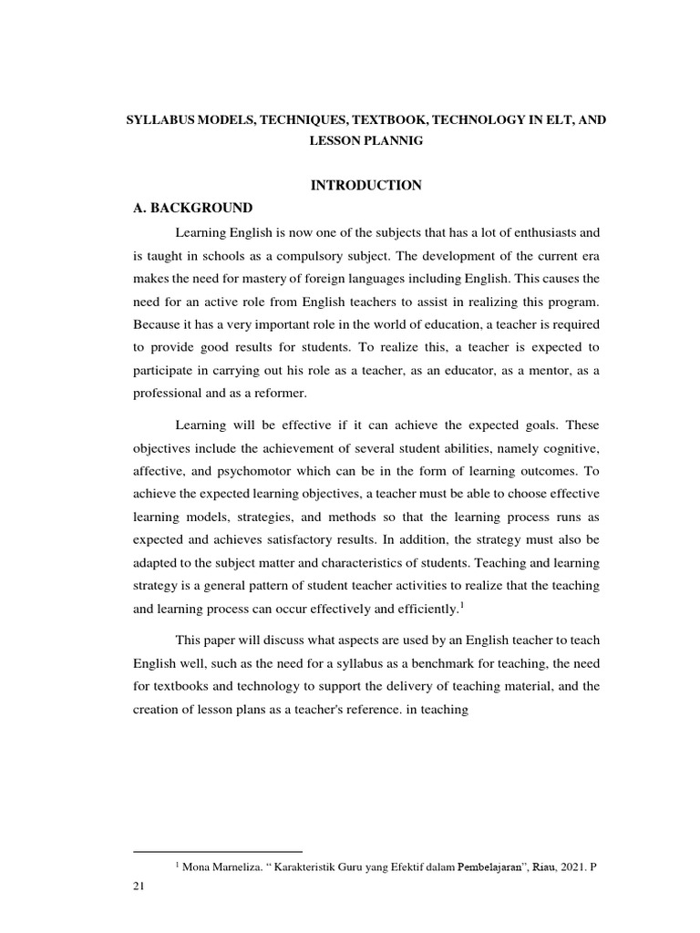 Syllabus Models, Techniques, Textbook, Technology in Elt, and Lesson Plannig | PDF | Lesson Plan ...