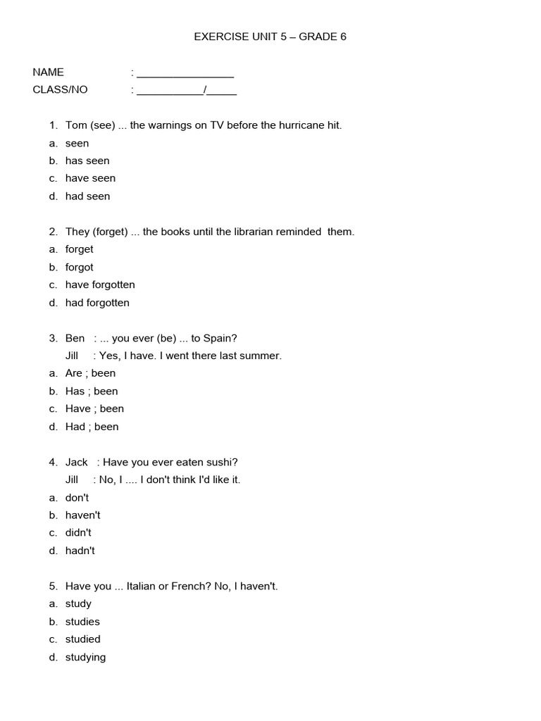 Exercise Unit 5 Grade 6 | PDF