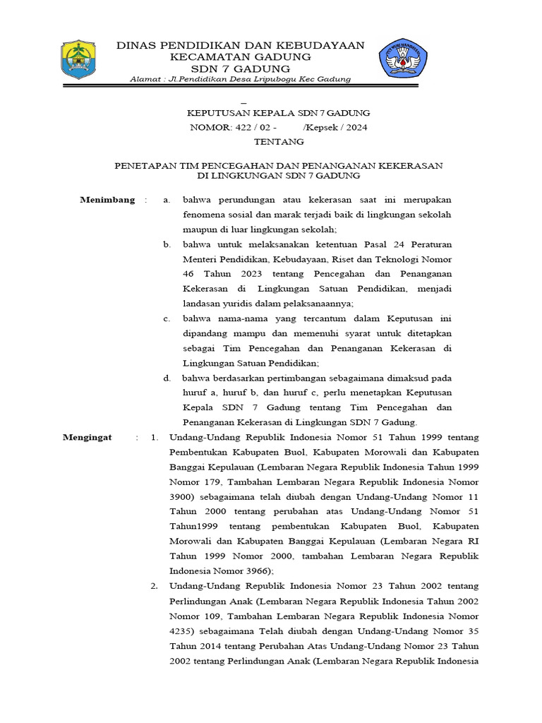 Contoh SK Tim TPPKSP Keplala Sekolah | PDF