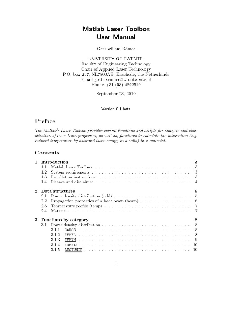 Matlab Laser Toolbox User Manual 0.1beta | PDF | Matlab