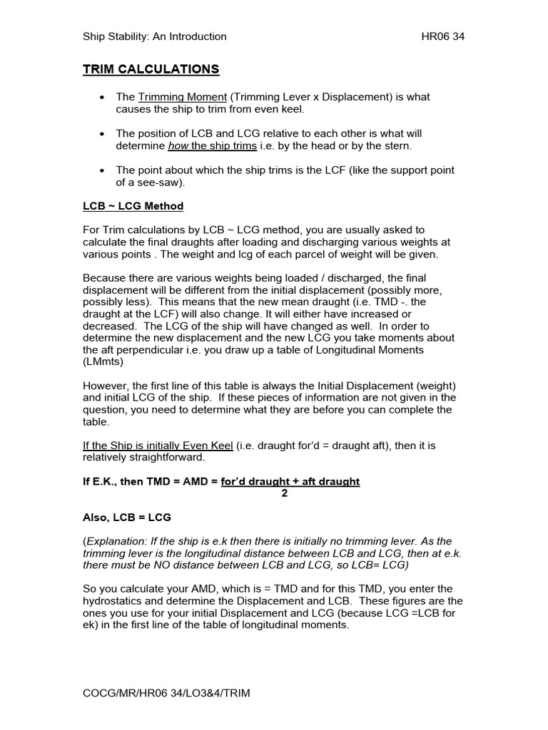 Trim Calculations Lcb Lcg Method Pdf Naval Architecture Applied And Interdisciplinary