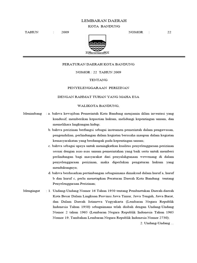 9 - Perda No 22 Tahun 2009 Penyelenggaraan Perizinan | PDF