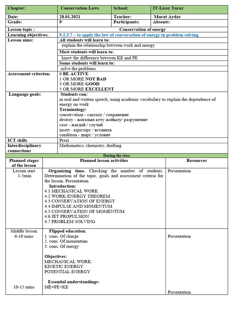 Conservation of Energy Lesson Plan | PDF | Momentum | Learning