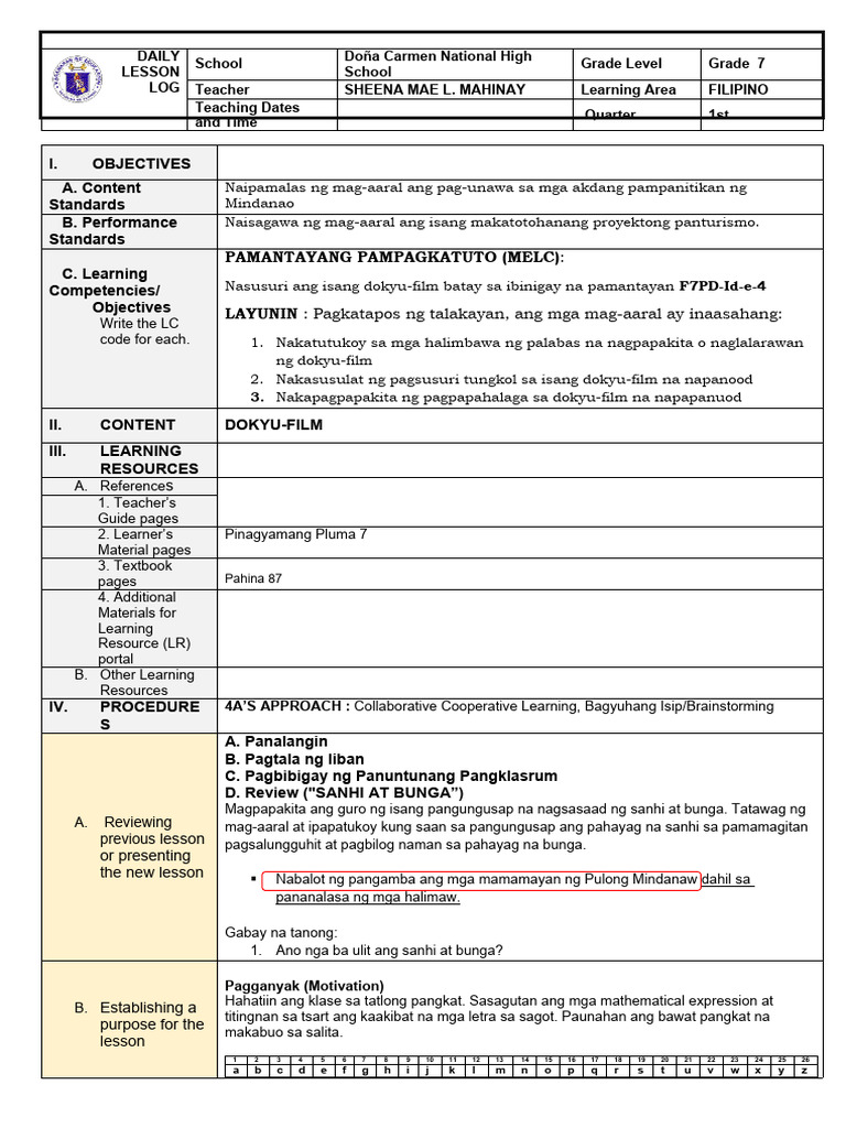 LP-CO FILIPINO 7 FIRST QUARTER | PDF