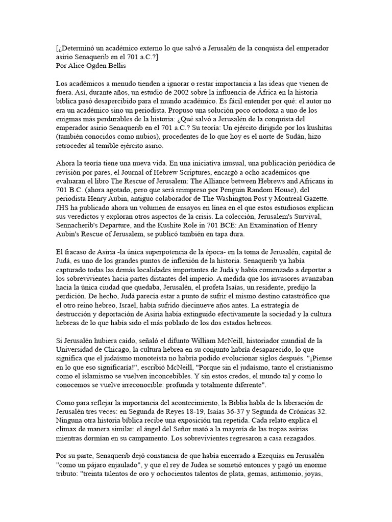 lo que salvó a Jerusalén de la conquista del emperador asirio ...