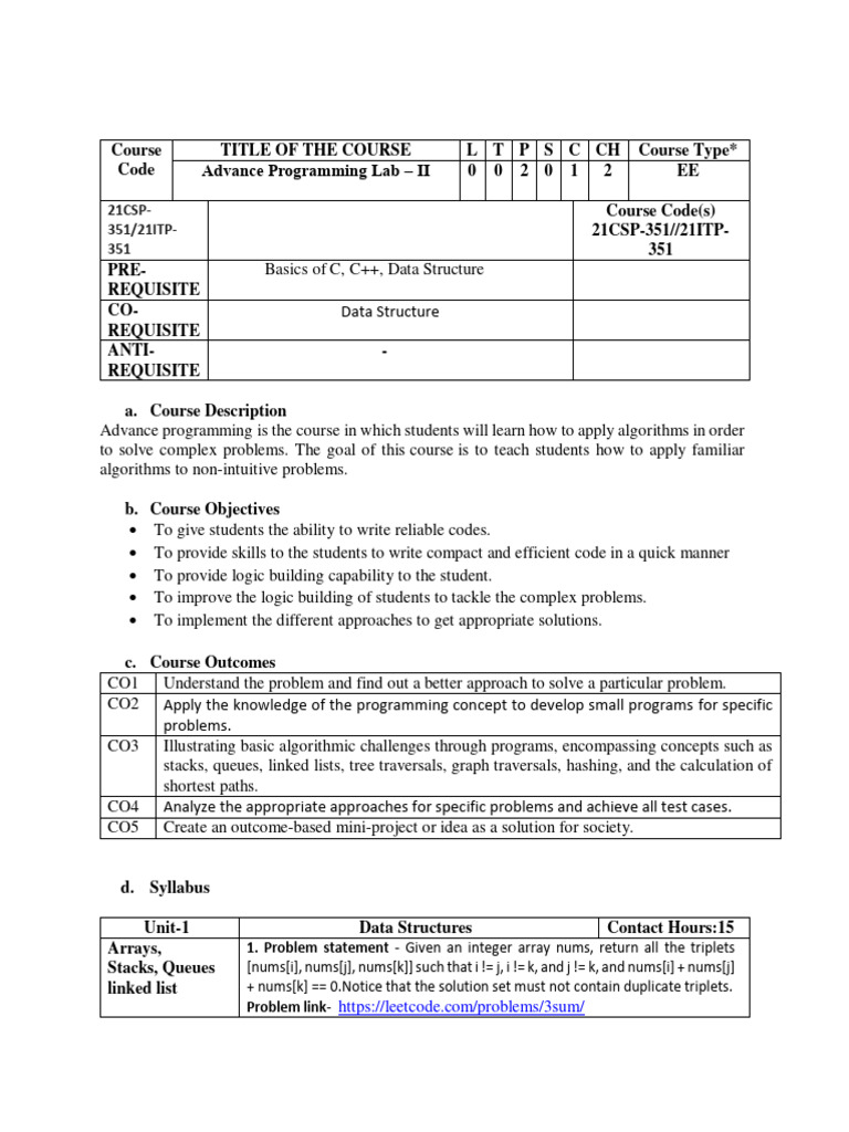 AP Lab-II Syllabus | PDF | String (Computer Science) | Computer Programming