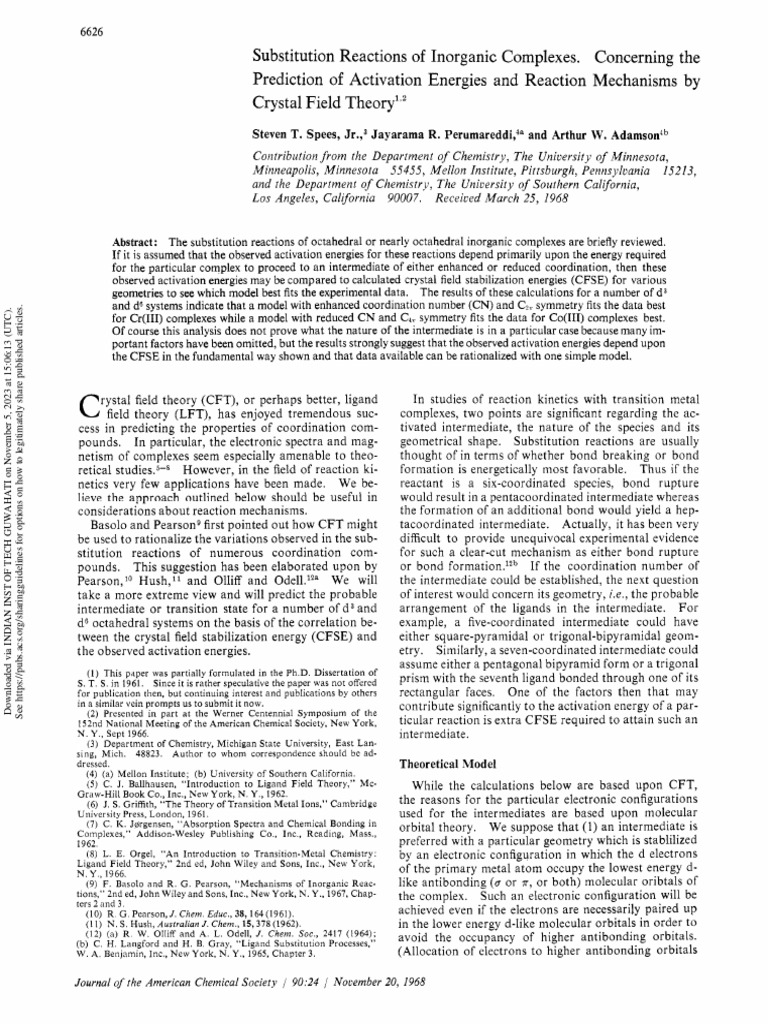 Spees Et Al 2002 Substitution Reactions of Inorganic Complexes Concerning The Prediction of ...