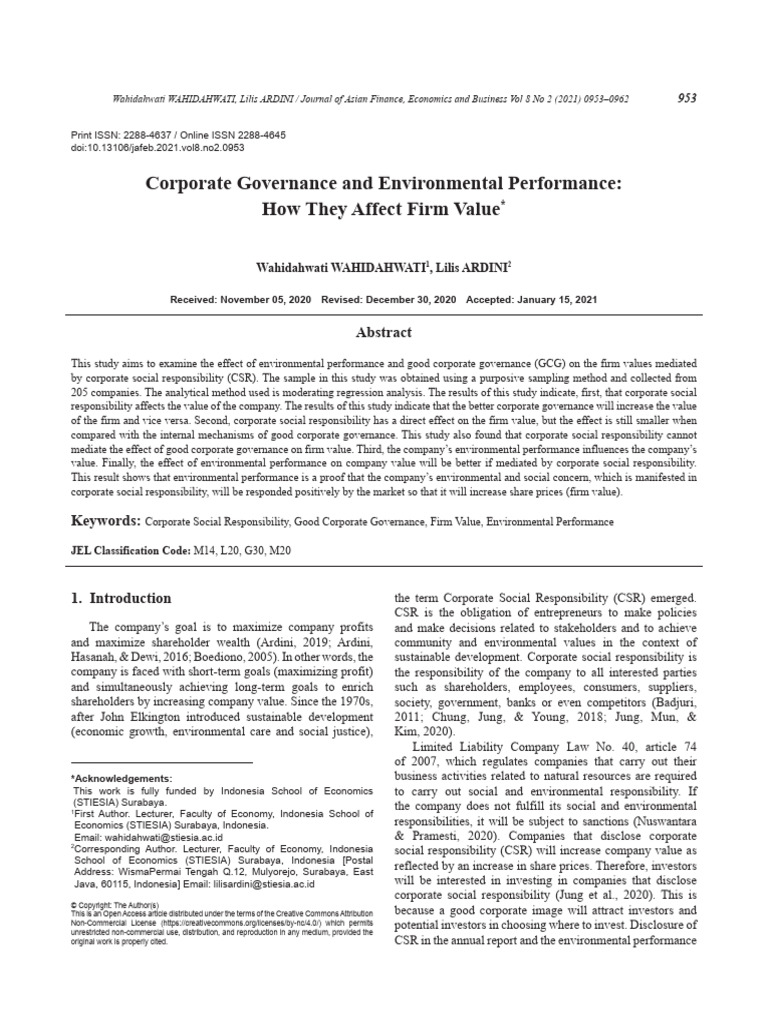 2021 002 Corporate Governance and Environmental Performance - How They Affect Firm Value | PDF ...