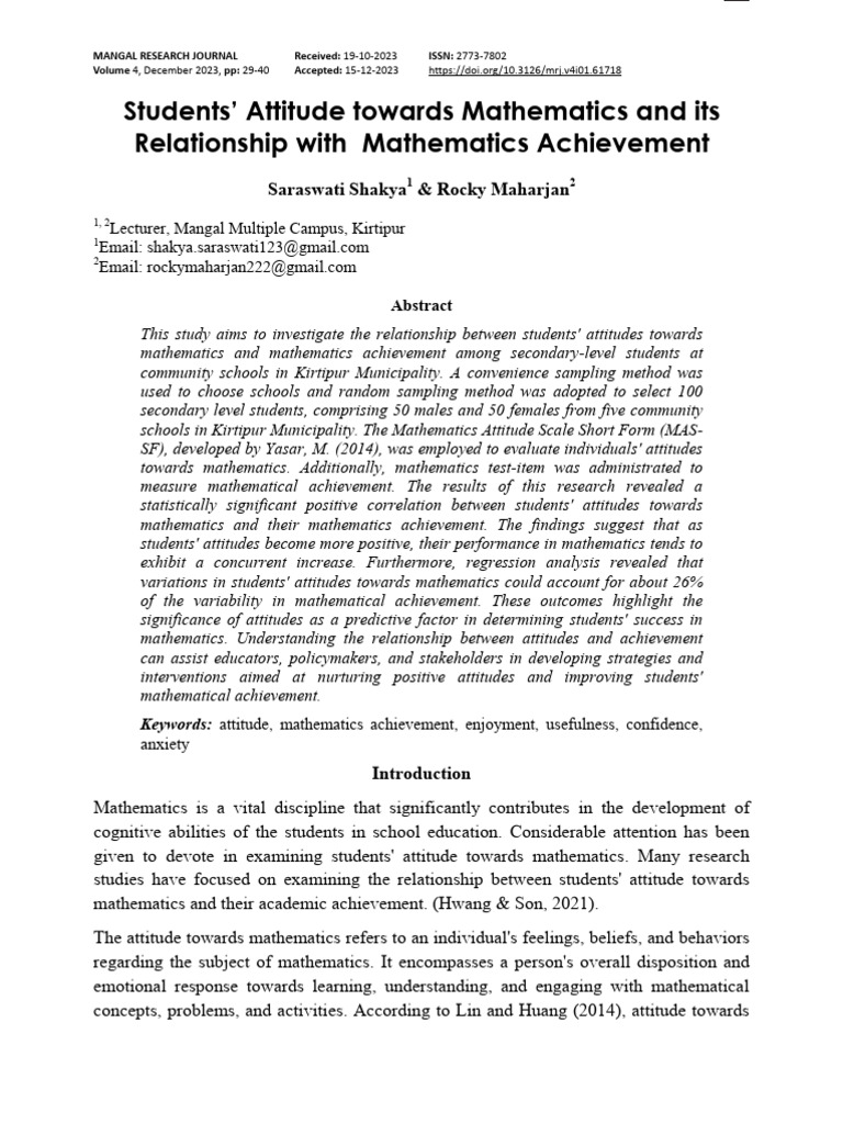 Students' Attitude Towards Mathematics and Its Relationship With ...