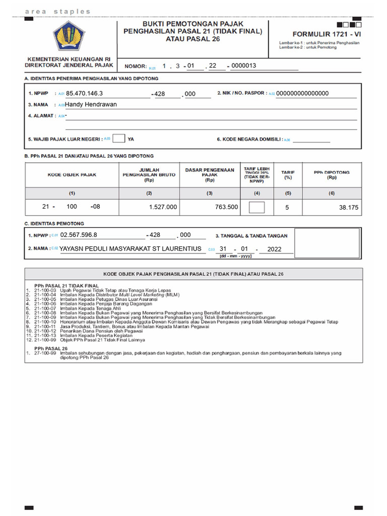 01 - Handy Hendrawan - Bukti Potong 1721 Yapemas Jan 2022 | PDF
