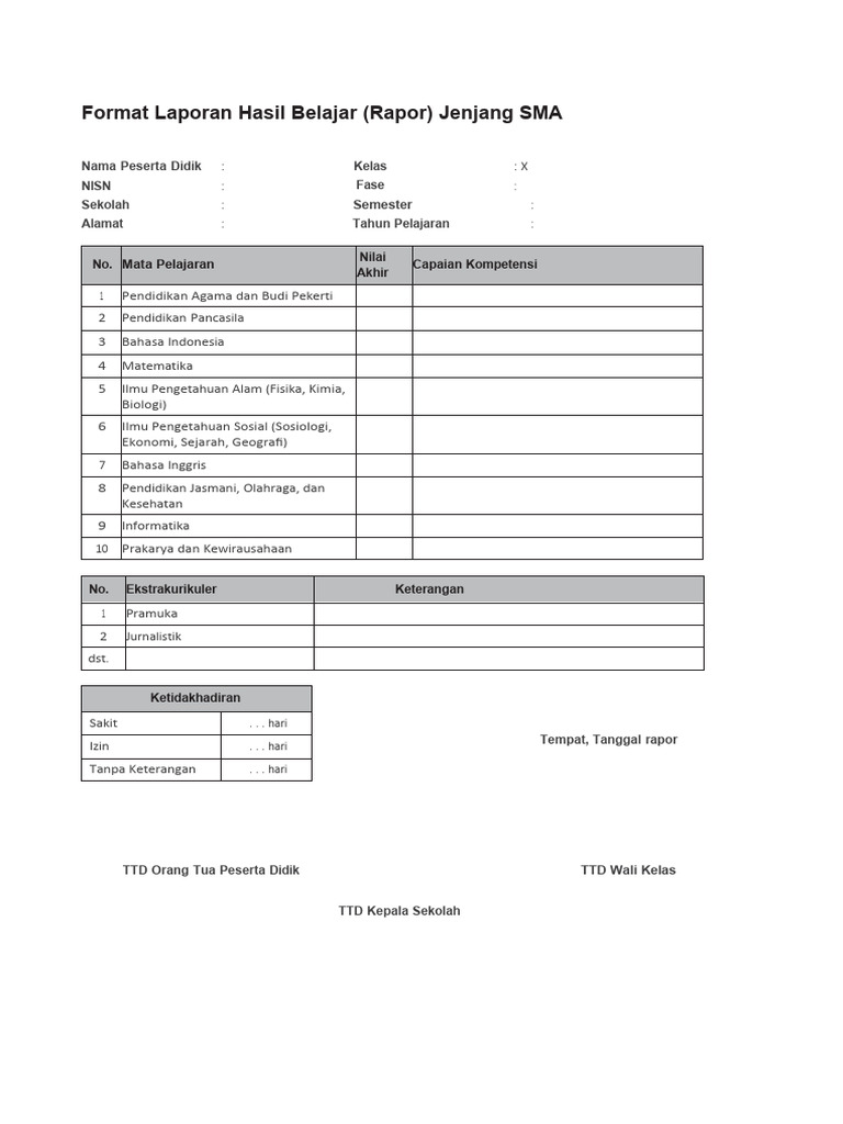 Format Raport SMA Kelas X Kurmer | PDF
