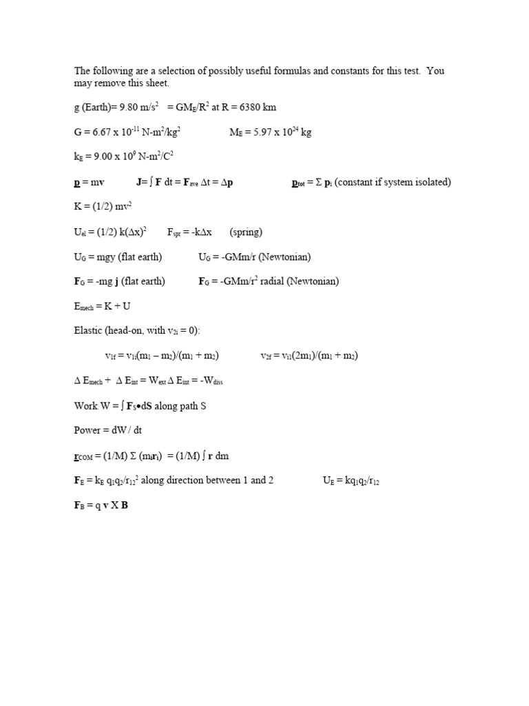 PH1 - Test #4 Formula Sheet | PDF