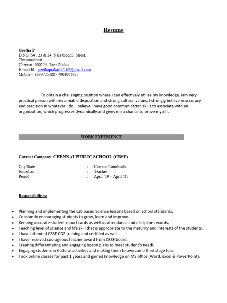 Geetha Resume | Download Free PDF | Teachers | Knowledge