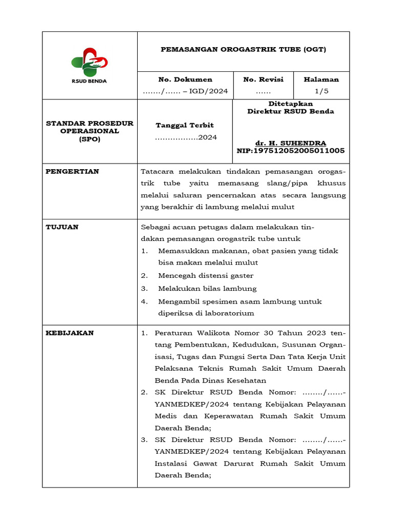 Spo Pemasangan Ogt Igd Benda | PDF