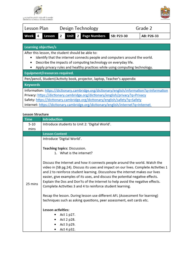 Lesson Plan Design Technology Grade 2 | PDF | Learning | Internet