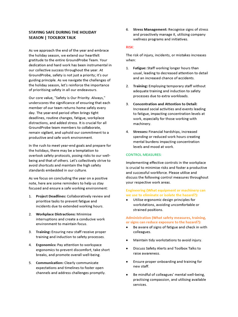 Toolbox Talk - Staying safe during the holiday season | PDF | Human ...