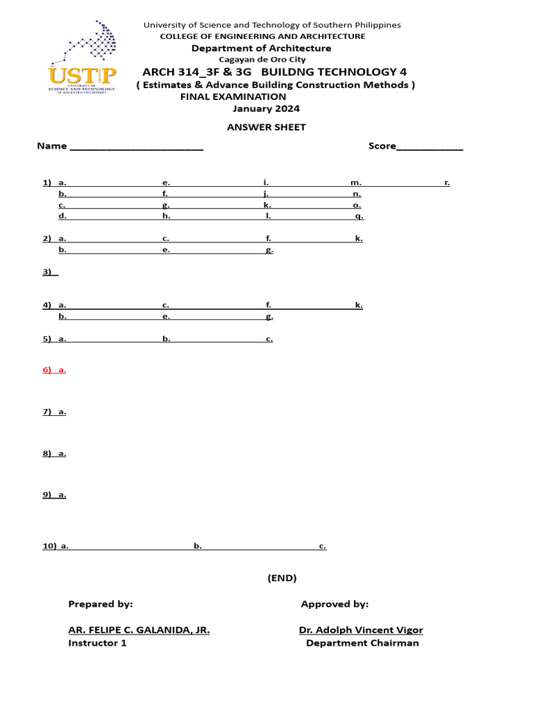 ARCH 314 FINAL EXAM JAN 2024 Answer Sheets | PDF