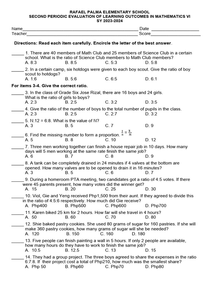Second PT Math Vi Sy23 24 (Repaired) | PDF | Exponentiation | Equations