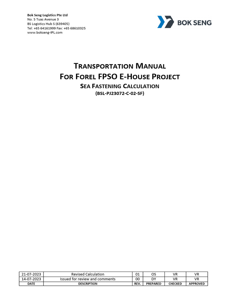 BSL-PJ23072-C-02-SF-R01-Sea Fastening Calculation For FPSO E-House | PDF | Stress (Mechanics ...