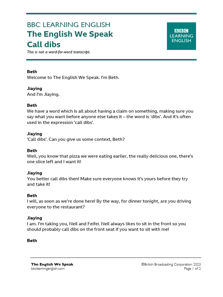 Understanding "Call Dibs" in English | PDF