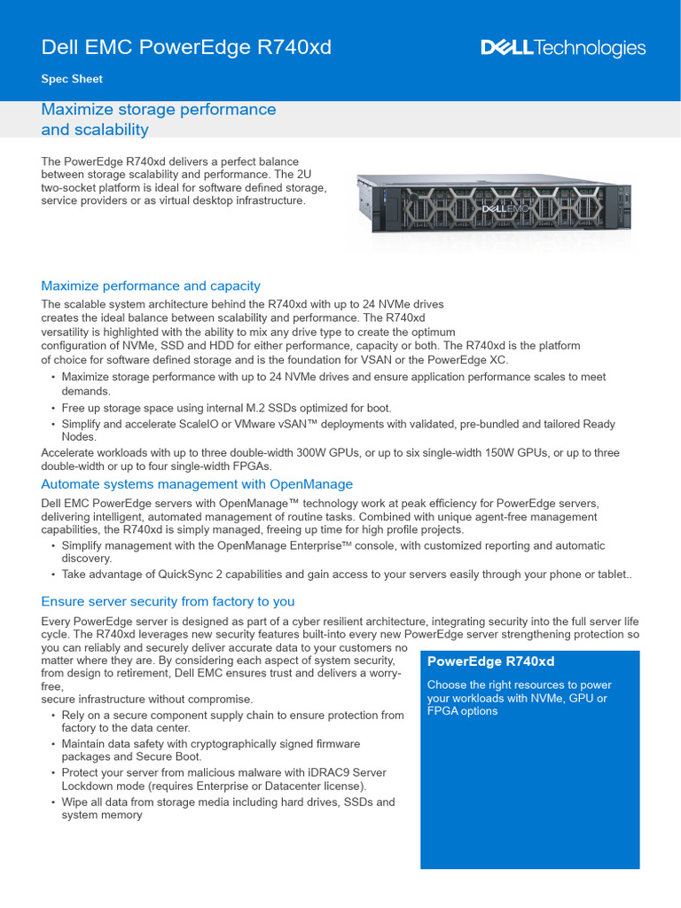 Dell EMC PowerEdge R740xd 14G Spec Sheet | PDF | Solid State Drive | Software